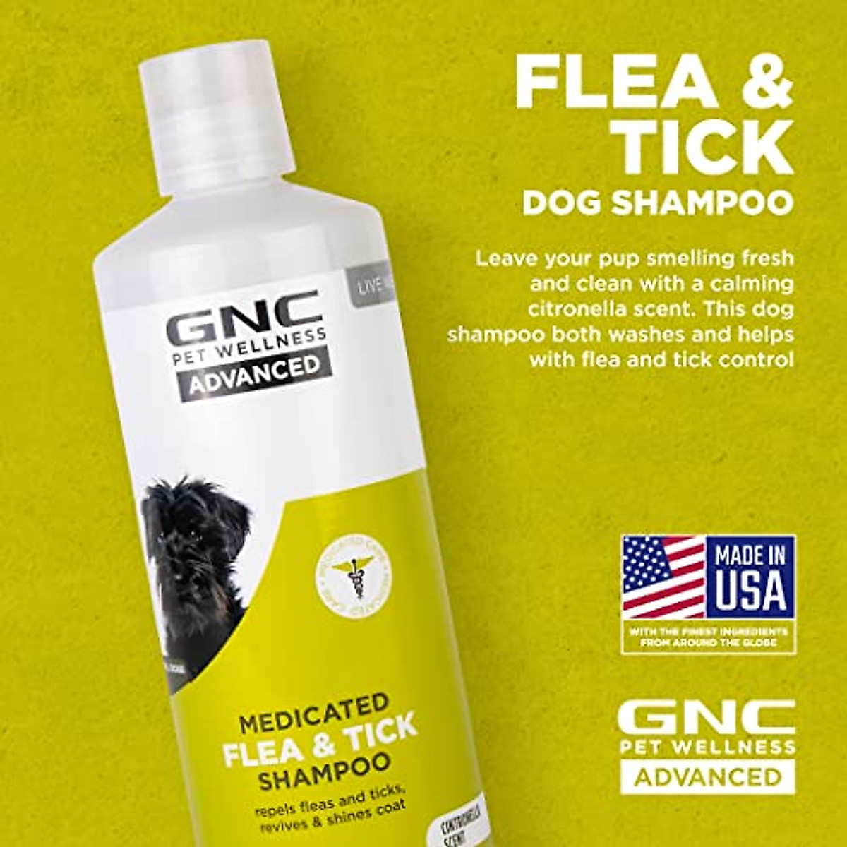 GNC Advanced Medicated Flea & Tick Shampoo for Dogs, 17 oz | Natural Flea & Tick Dog Shampoo Helps Repel Fleas & Ticks | pH Balanced Dog Shampoo in Citronella Scent (FF15156)