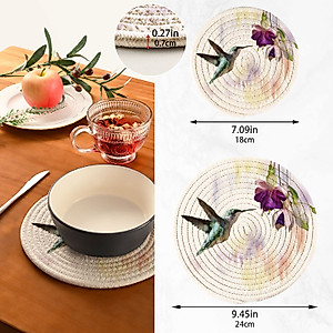 YYZZH Hummingbird Purple Flower Digital Painting Bird Floral Pattern Pot Holders Trivets Set of 2 Round Cotton Thread Weave Potholders for Kitchens Hot Pads Table Mats Coasters for Hot Dishes
