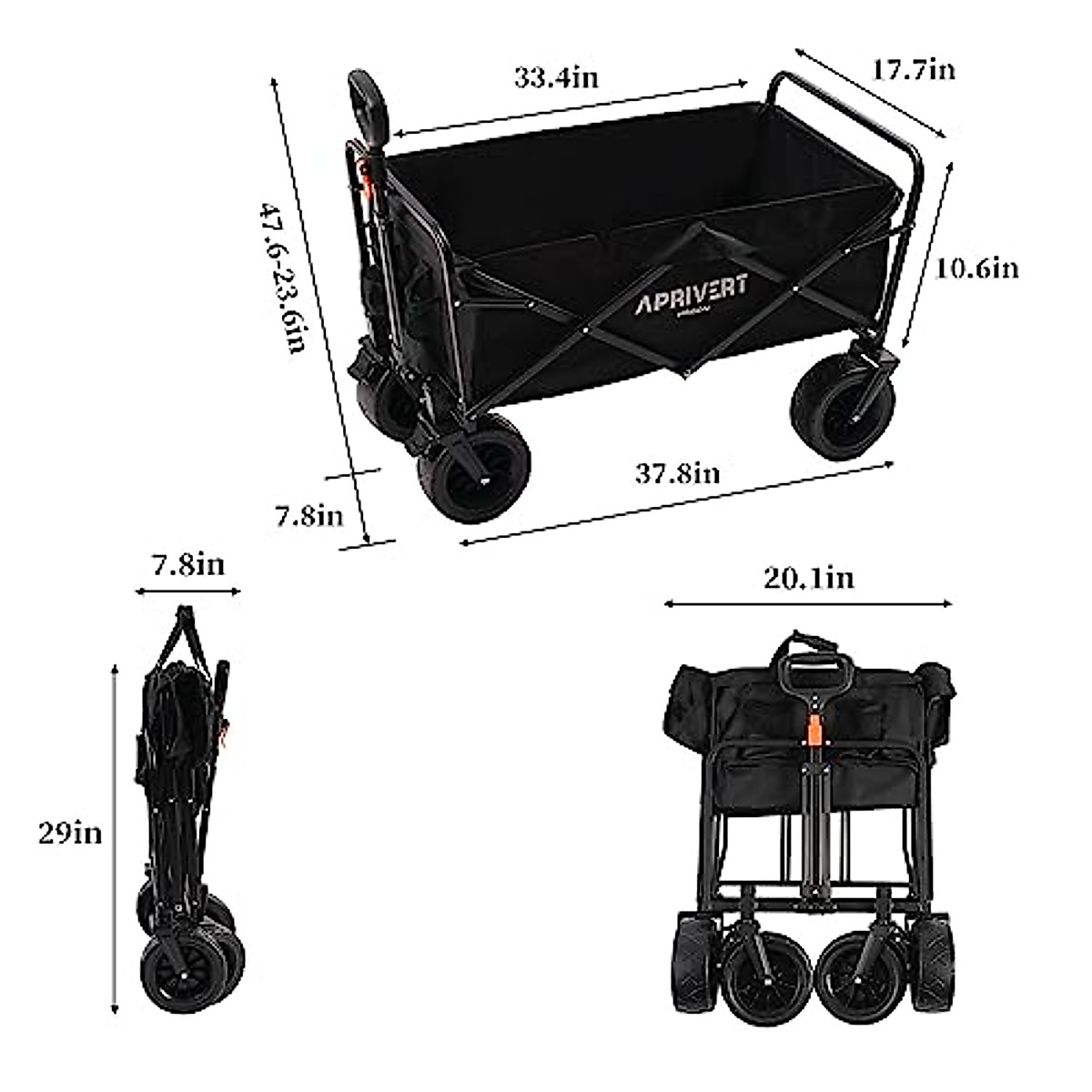 APRIVERT Heavy Duty Folding Cart with Large Capacity, All-Terrain Outdoor Cart with Big Wheels,Garden Portable Trolley & ATV, Utility Wagon for Beach,Shopping,Camping,Fishing,Black