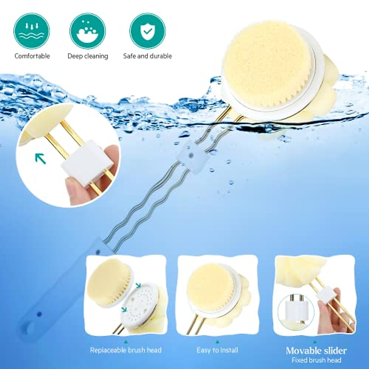 3 in 1 Bath Body Brush - Long Handle Back Scrubber for Shower, Double Side Shower Brush with Pumice Stone, Bristles and Loofah, Exfoliating Body Brush Set for Men and Women Exfoliate Massage