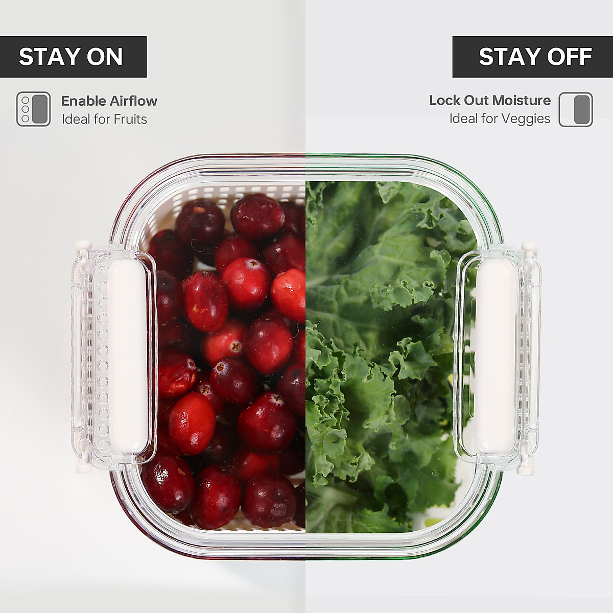 Felli Duo Fresh Produce Saver Container for Fridge + Vent, ALL IN ONE Fruit & Veggie Washing Basket with Drainer, Colander Tray | Kitchen Refrigerator Bin for Berry Vegetable Salad Keeper, Gifts