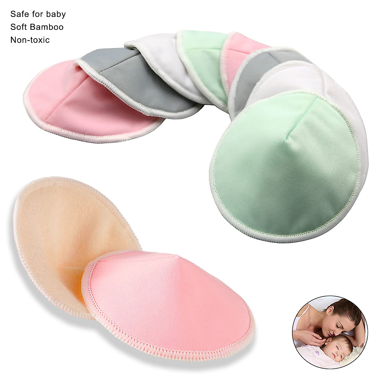 PINOWU Women’s Nursing Pads - 8 Washable Pads + Wet Bag + Wash Bag, Breastfeeding Nipple Pads for Maternity - Reusable Nipplecovers for Breast Feeding (Pastel Touch, Large 4.7")