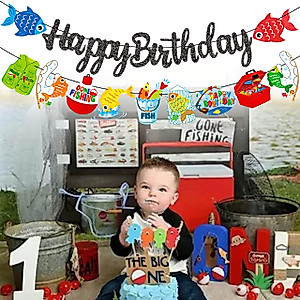 Gone Fishing Happy Birthday Banners Fishing Party Decorations 2Pcs Fisherman Hanging Cutout Garland Banners for Fish Theme Baby Shower Supplies