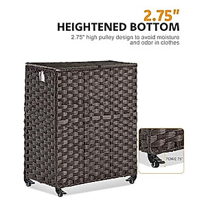 Rantizon Laundry Hamper with Lid, 110L Wicker Laundry Baskets with wheels 2 Foldable Compartment and 3 Removable Liner Bags, Synthetic Rattan Clothes Laundry Basket with Handles, Natural Brown