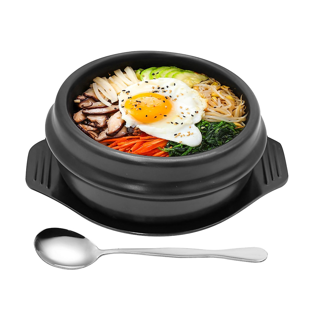 laffoonparts Korean Cooking Stone Pot Set, Premium Ceramic, D 6.3'' Stone Bowl Sizzling for Bibimbap and Soup, Korean Bibimbap Pot w/Tray & Stainless Steel Spoon No Lid