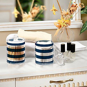 Navy Blue and White Striped 2 Pcs Qtip Holder Organizer Dispenser Storage Canister Plastic Apothecary Jars Bathroom Vanity for Cotton Swab Ball Pads Floss