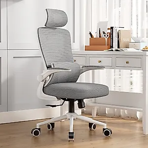 Office Chair Height-adjustable Ergonomic Desk Chair with Self-adaptive Lumbar Support Breathable Mesh Computer Chair High Back Swivel Task Chair with Adjustable Headrest and Flip-up Armrests - Grey