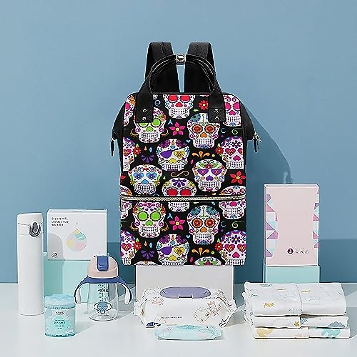 MIGAIUOI Sugar Skull Diaper Bag Backpack, Waterproof Large Nappy Bags for Women