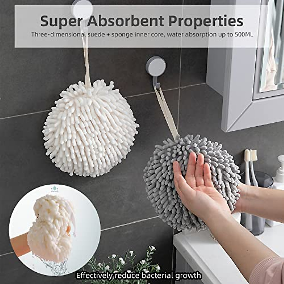 TYUI Chenille Hand Towel Ball,Soft Absorbent Chenille Ball Towel Sets,Microfiber Quick Drying Hands Towels for Bathroom/Kitchen3 Pack(White+Gray+Blue)
