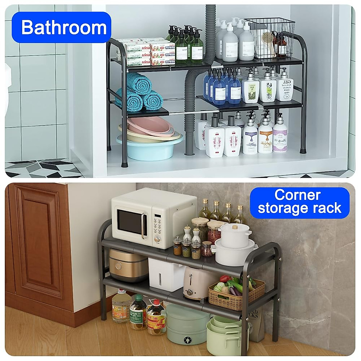 TLCHEN 2 Tier Under Sink Organizers and Storage,Expandable Cabinet Shelf Organizer,with 8 Removable Panels Multi-Purpose Storage Shelf,for Kitchen Bathroom Storage Rack(BLACK)