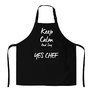 Cilouebghg Keep Calm and say yes chef Design Funny Cooking Chef Apron with Pockets BBQ Kitchen Work Apron Birthday Dad Creative Gifts For Women/Man