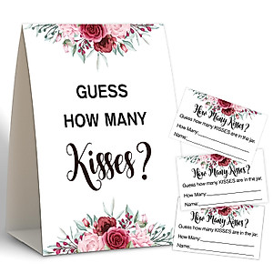 Floral Theme Guess How Many Kisses Bridal Shower Game,Wedding Shower,Bridal Shower Decorations,Popular Bridal Shower Games,Engagement Party Game,Set Including 1 Sign And 50 Guessing Cards-03