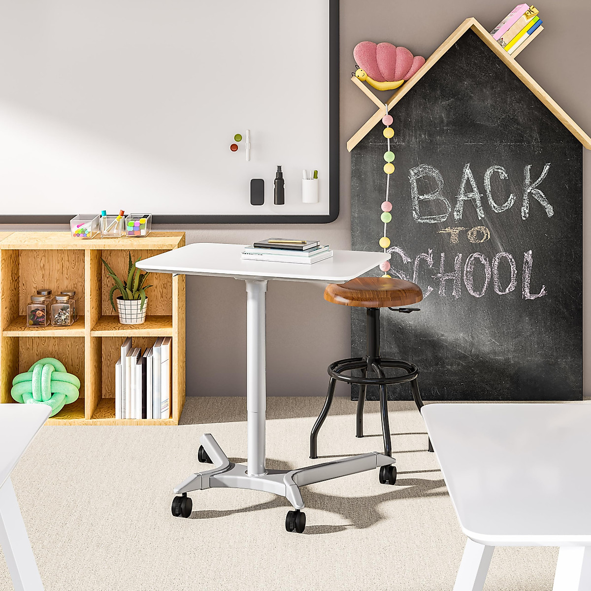 Seville Classics Airlift Height Adjustable Pneumatic Laptop Sit Stand Desk Mobile Rolling Cart Computer Workstation for Home Office, Classroom, 28" XL Desktop (New Model), White