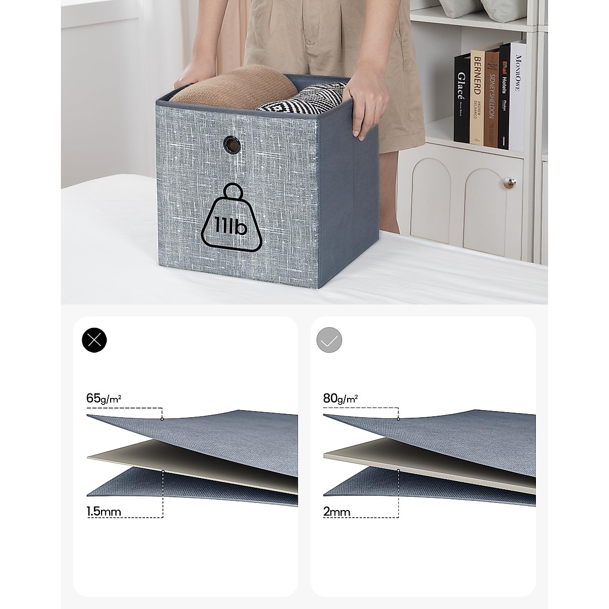 Hzuaneri Storage Cubes, 11.8-Inch Foldable Cube Storage Bin with Handles, Set of 6, Cube Storage Baskets for Organizing, Closet Organizers for Shelves, Bookcase, Grey SC07030W