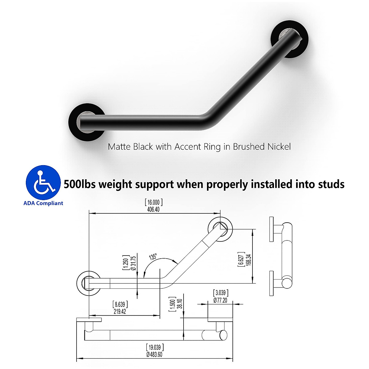 AmeriLuck 1-1/4 x 16 Stainless Steel Angled Grab Bar with Anti-Slip Peened Grip for Bathtubs, Shower & Toilet, ADA Compliant, Stud Mount 500lbs Support, Brushed Nickel