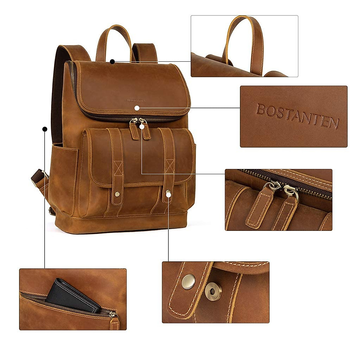 BOSTANTEN Leather Backpack 15.6 inch Laptop Backpack bundle Mens Belts