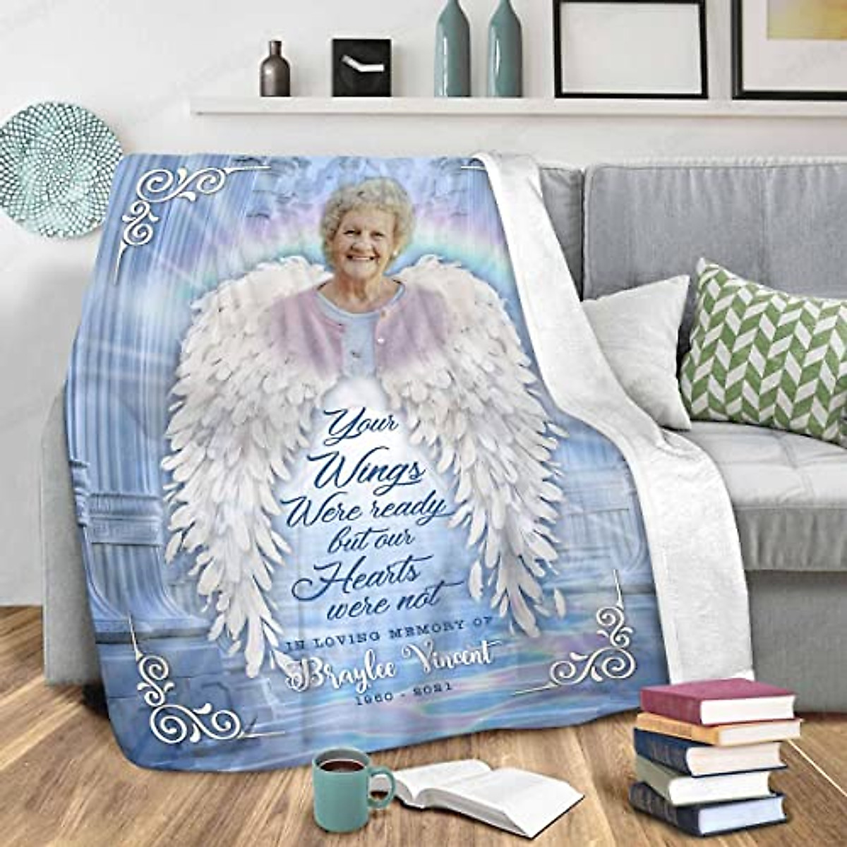 Personalized Memory Blanket, Custom Photo Memorial, Memorial Blanket for Loss of Mother, Personalized Photo Angel Wings Blanket, Sympathy Gift for Loss of Loved One, Your Wings were Ready