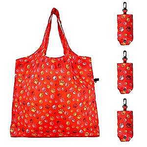 HOLYLUCK Reusable Grocery Bags,Heavy Duty Foldable Shopping Tote Bag (Standard, 3 Red Dog Paw Prints)