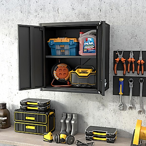 Metal Wall Cabinet with Adjustable Shelves,Wall Mounted Storage Cabinet with Locking Doors,Steel Garage Cabinet for Basement,Home,Kitchen,Bathroom (Black,27.95" H)