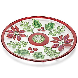 DEMDACO Festive Holly Red and Green 11 Inch Glass Christmas Round Serving Plate Platter
