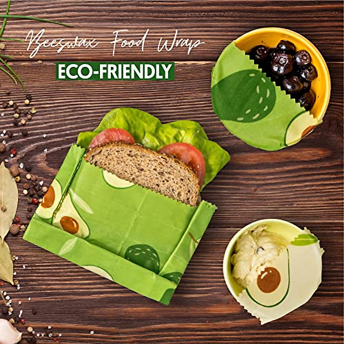 Beeswax Wrap 8 Pack, Reusable Beeswax Food Wraps, Organic Sustainable Food Storage, Cheese Sandwich Paper