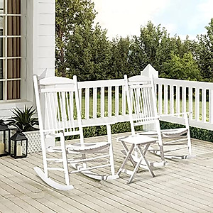 VEIKOU Outdoor Rocking Chairs, Set of 3 Wooden Rocking Chair All Weather Resistant Porch Rocker w/High Back & Side Table, Supports 275Lbs, White