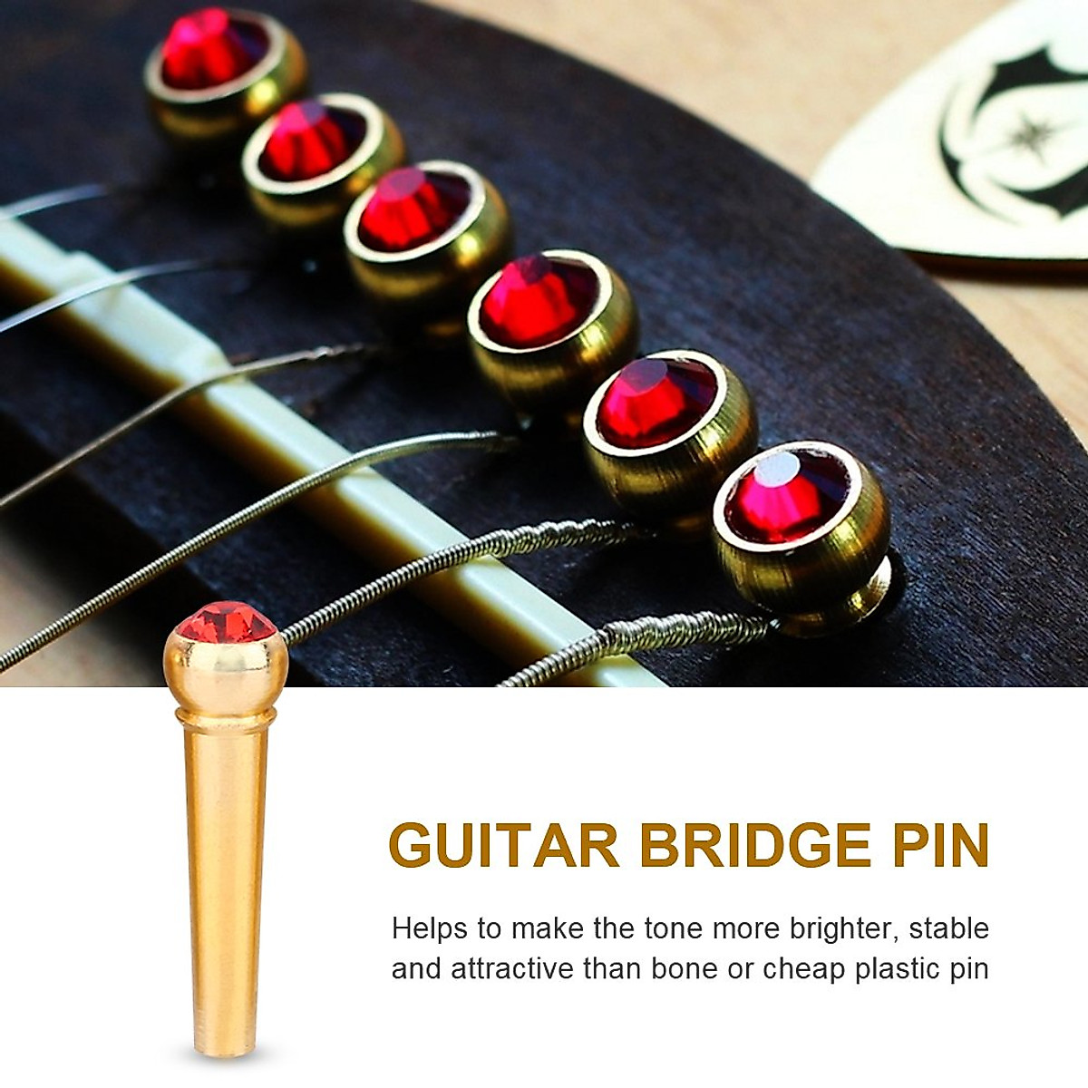 6Pcs Bridge Pin Copper Material Folk Acoustic Guitar Bridge Pin Peg Nail with Colorful Crystal Glass Dot(Red)