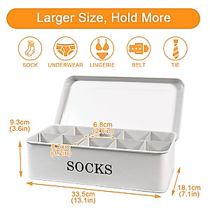 Gdfjiy Storage Bin, Metal Storage Organizer with Lid & 10 Adjustable Grids, Socks Drawer Organizer for Closet, Underwear, Panty, Ties, Ornament (White, 12 inches Wide, 1.0 lbs)