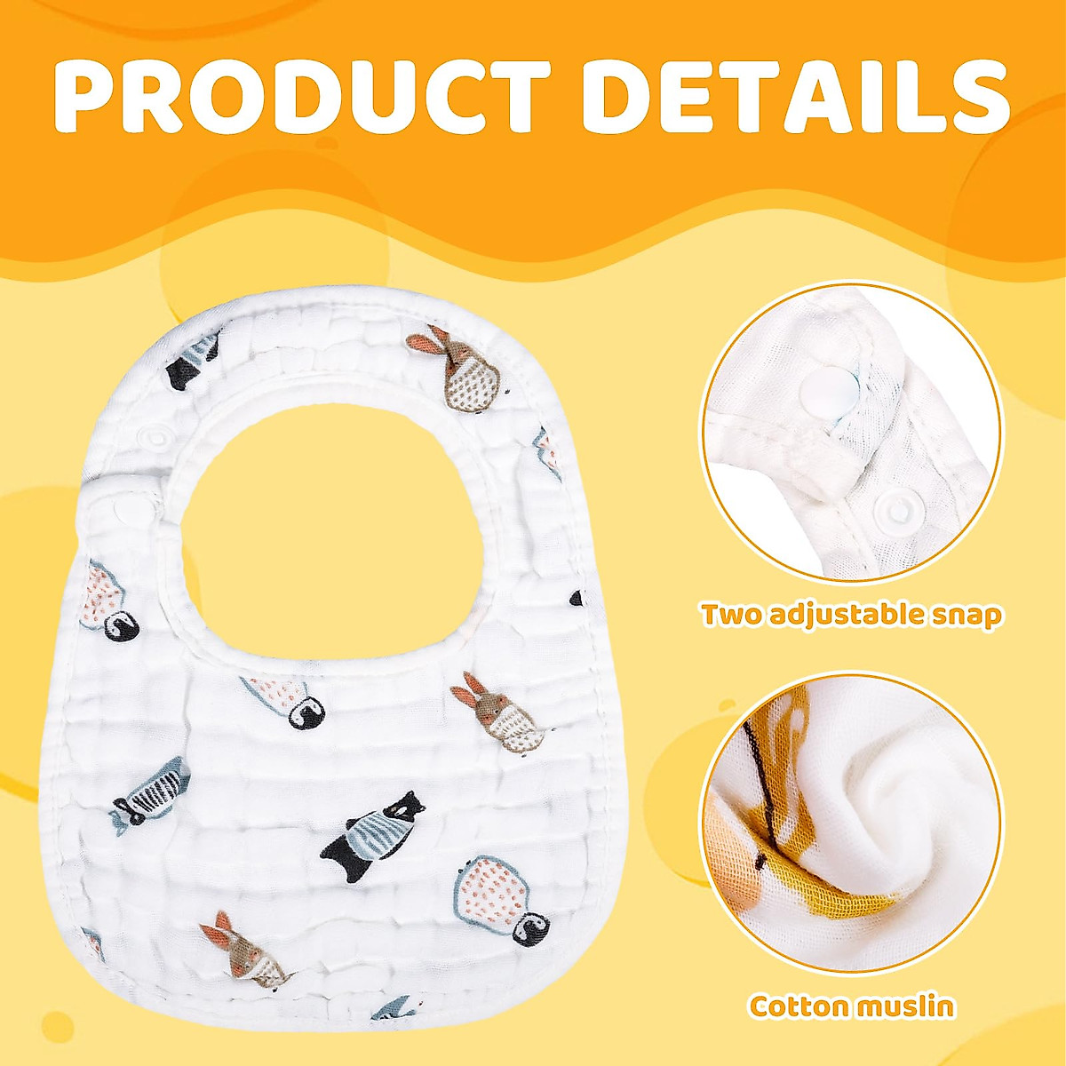 Fuyamp 10 Pcs Muslin Baby Bibs Snap Muslin Bibs for Boys & Girls, 100% Cotton Muslin Absorbent & Soft Layers, 8 Layers Muslin Bibs for Infant Teething and Drooling
