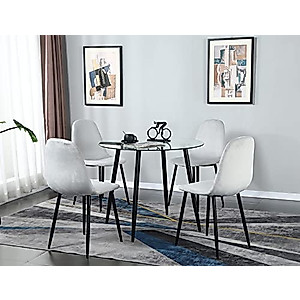 5 Pieces Dining Room Table Set for 4 - Round Glass Table - Velvet Dining Chairs - Modern Kitchen & Dining Room Sets for Dining Room, Kitchen,Dinette or Compact Space (Black Table + Light Grey Chairs)