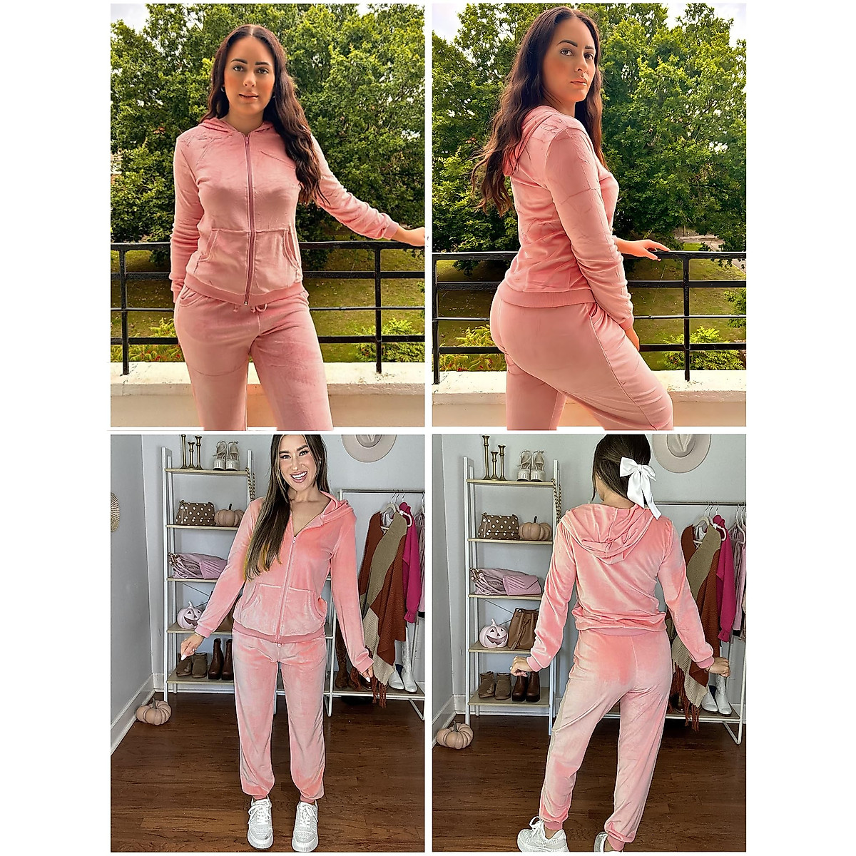 HOTOUCH Womens Active Hoodies Outfits Velvet Zip Up Sports Wear Jogging Velour Track_Suit Pink, X-Large