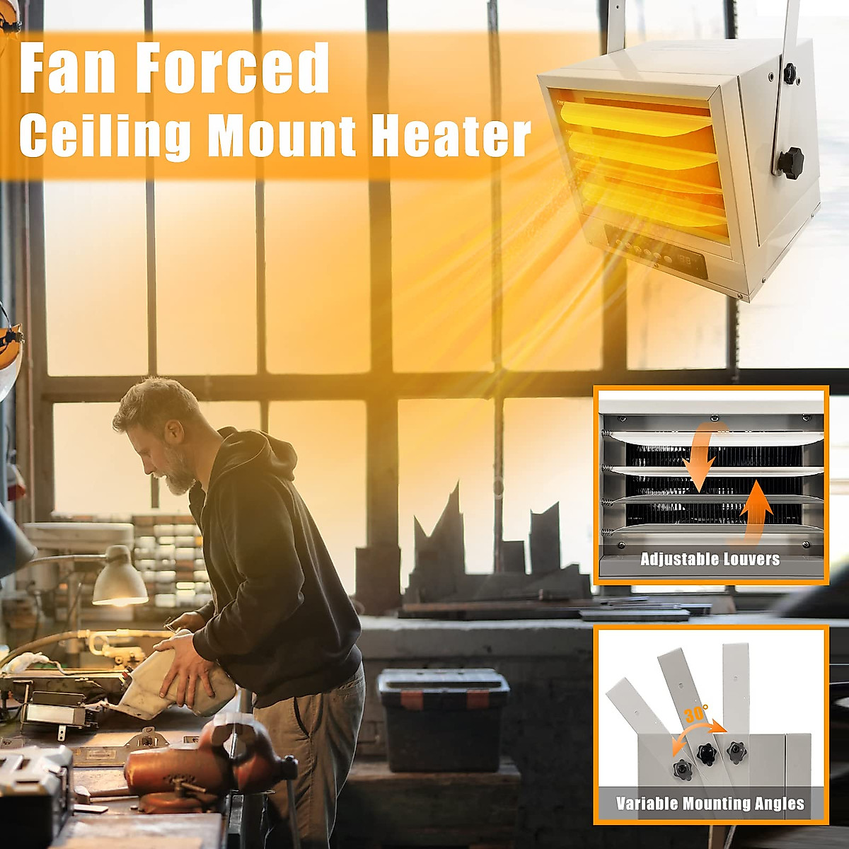 AKUSAKO Garage Heater with Remote - Digital Fan-forced Ceiling Mount Heater with Electric Control, 12H Timer,240V, Thermostat, Workshop Heaters for Warehouse, Greenhouse, Large Area Wall Heater