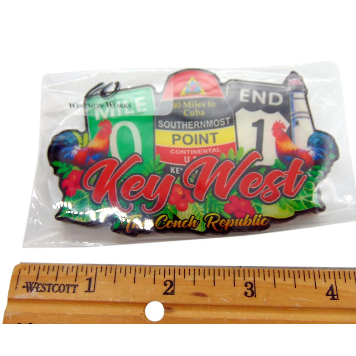 Key West Florida Magnet Conch Republic Souvenir Vacation Memory Fridge Décor with Southernmost Point and Mile 0, 3 1/2 Inch Long