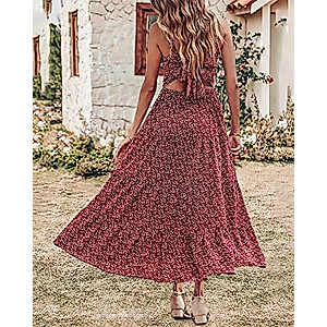 BTFBM Women Sleeveless V Neck Summer Maxi Dresses 2023 Print Backless Strap Tie Back Beach Party Pleated Long Boho Dress(Floral Wine Red, Large)