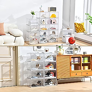 Clemate Acrylic Shoe Box,Set of 5,Extra Large Shoe Storage Boxes Clear Plastic Stackable,Shoe Containers with Clear door,Shoe Organizer For Sneaker Display,Easy Assembly,Fit for US Size 16(14.2"x 11"x 8.3")