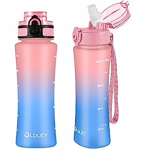 OLDLEY Kids Water Bottle for School with Straw Chug Lid, 15 oz Unbreakable Leak-Proof BPA-Free Motivational Water Bottles with Time Marker for Travel Sports Gym, 2 Lids, Candy Pink/Blueberry
