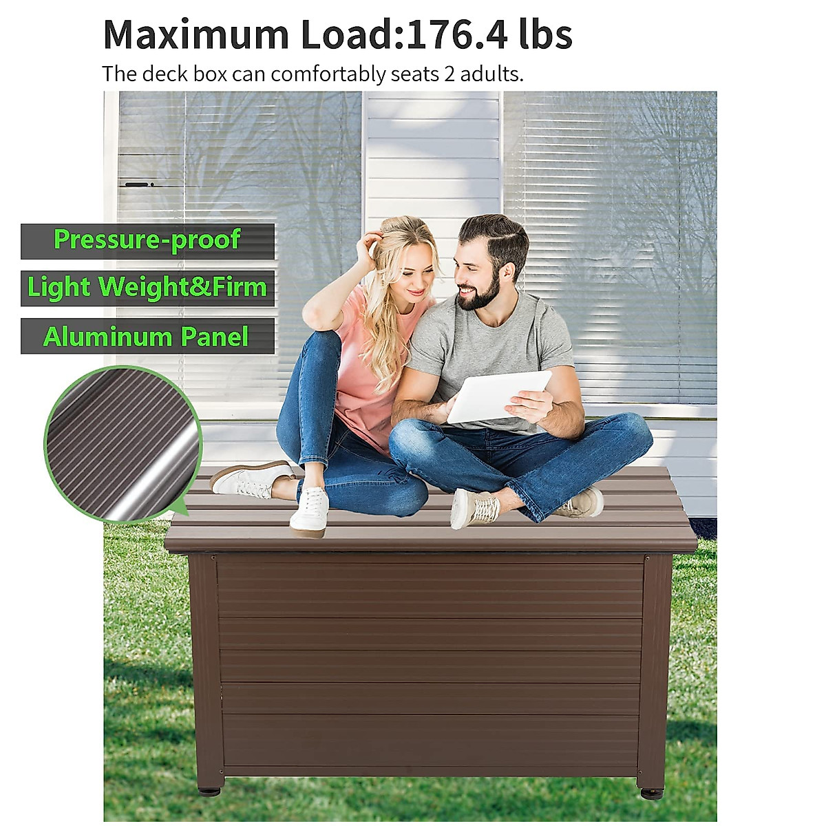 TECSPACE 221 Lbs Bearing Capacity Aluminum Deck Box, 2-Tier Lock Outdoor Storage Box, Surface Sun Protection Coating With Flip-Top Air Pump for Silent Opening & Adjustable Feet