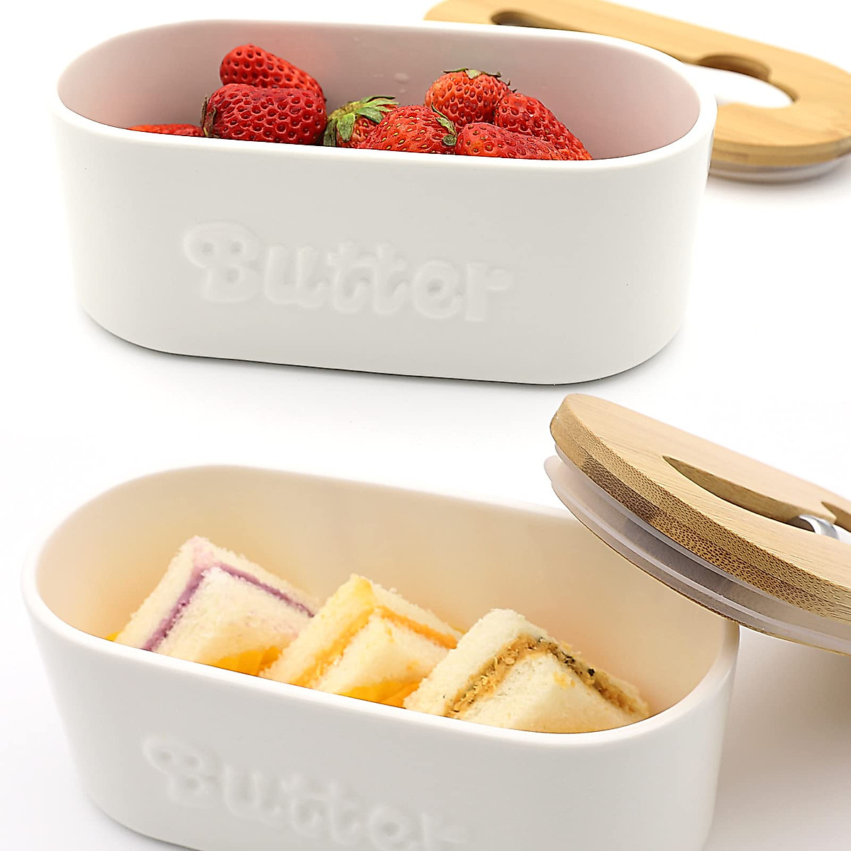 MBR FORCE Ceramic Butter Dish with Lid for Countertop Large White Farmhouse Butter Holder with Knife Butterdish Keeper Container Box