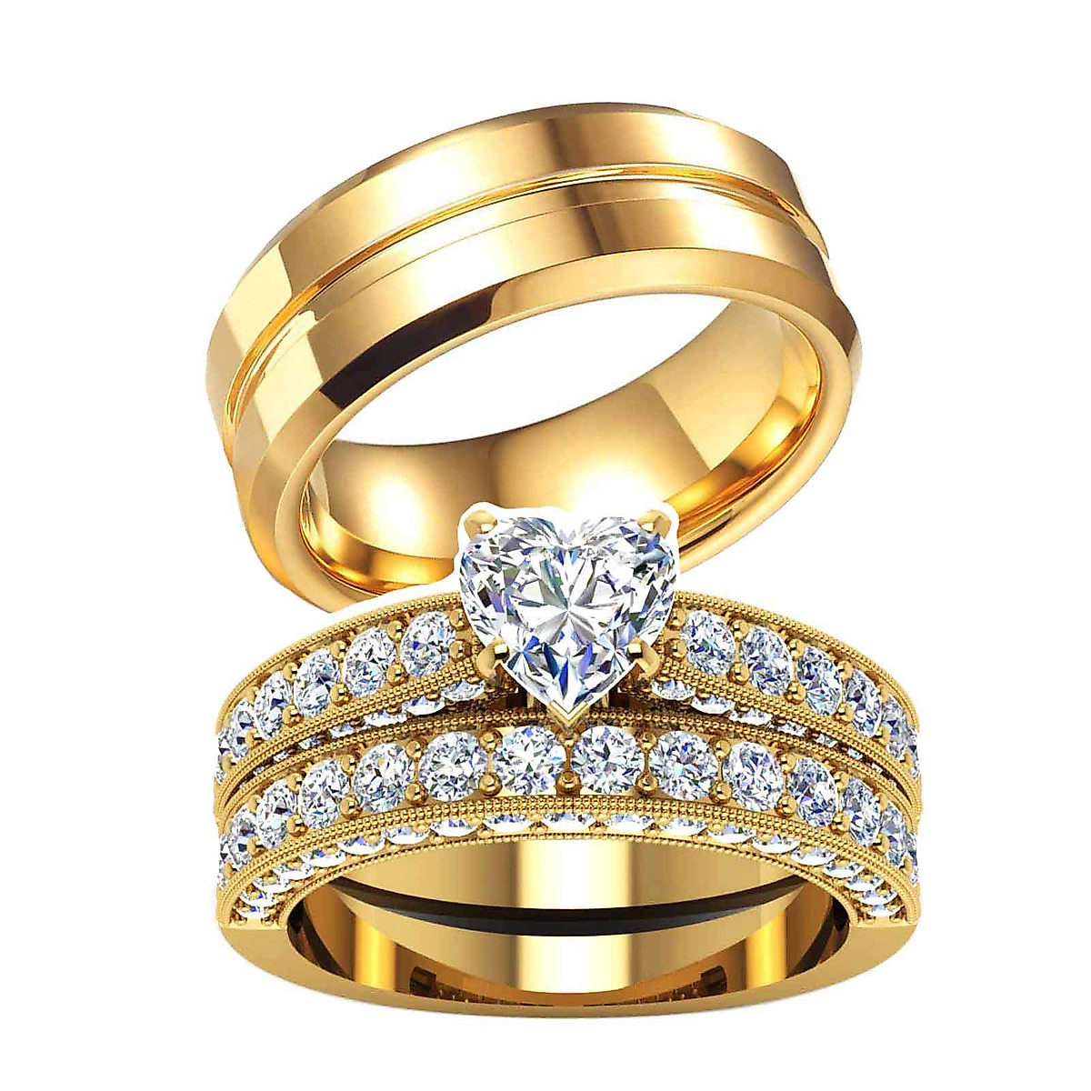 TWO RINGS His Hers Wedding Ring Sets Couples Rings Women's 10k Yellow Gold Plated White heart CZ Wedding Engagement Ring Bridal Sets & Men's Titanium Wedding Band