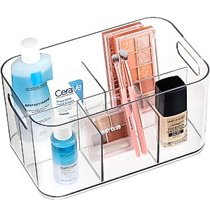 AOZITA 4 PACK Qtip Holder Dispenser + 1 Pack, 5-Compartment Clear Plastic Bin - Divided Cosmetic Makeup Caddy Organize