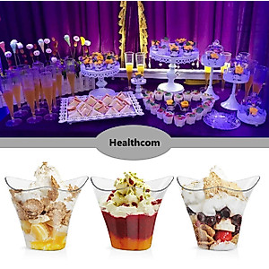 Healthcom 50 Pcs/set 3.3 Oz 100ml Plastic Dessert Cups with Spoons Swirl Triangle Ice Cream Dessert Bowls Disposable Dessert Cups Appetizers Cups Salad Bowl Tasting Sample Cup for Party Wedding