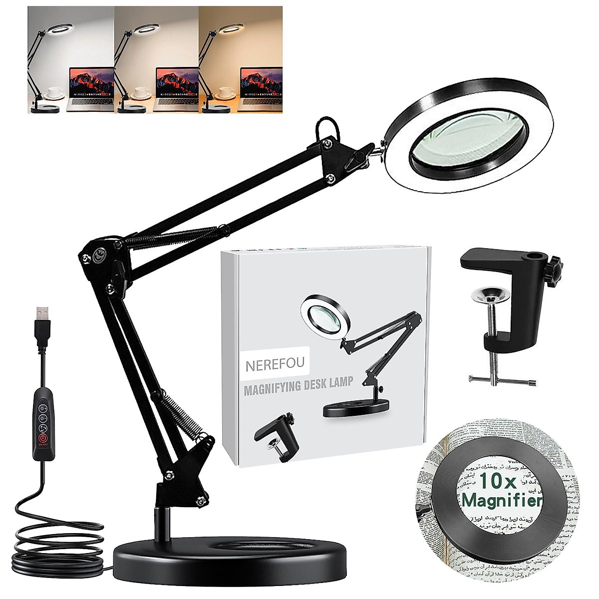 Nerefou Magnifying Glass with Light and Stand, 10X Magnifying Lamp, 2-in-1 Magnifying Desk Lamp with Clamp, 3 Color Mode, Magnifying Glasses with Light for Close Work (1st Generation Base ＆ Clamp)