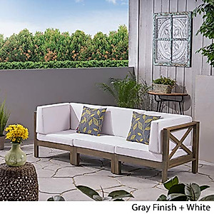 Great Deal Furniture Keith Outdoor Sectional Sofa Set | 3-Seater | Acacia Wood | Water-Resistant Cushions | Gray and White