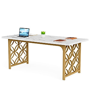 Tribesigns Conference Table for 4-6 People, 62.99" L x 31.49" W Rectangular Meeting Room Table, Seminar Table Boardroom Desk with Sturdy Metal Frame for Office (White/Gold)