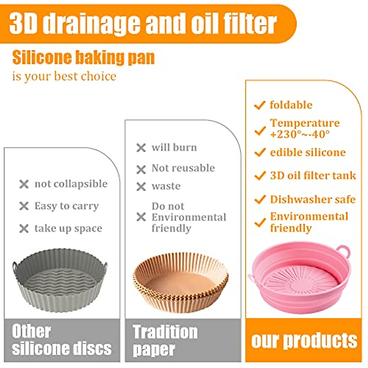 Silicone Air Fryer Liner 7.5 Inch Compatible with Cosori Ninja Tower, 2 Pack Collapsible Round Air Fryer Tray Silicone Pot for Air Fryer Oven and Microwave, Silicone Air Fryer Accessories