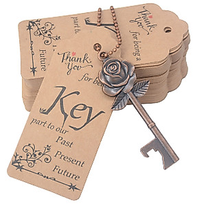 Aokbean 100 Sets Wedding Favors Rose Key Bottle Opener for Bulk Wedding Guests Gifts Vintage Skeleton Key Opener with Escort Tag Cards and Keychain (Copper)