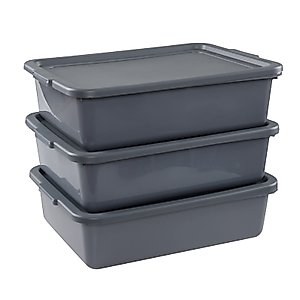 Lesbin 3-Pack 13 L Plastic Commercial Tote Box with Lid, Bus Tubs/Bus Box, Gray