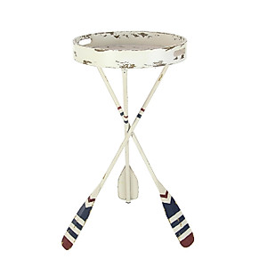 Deco 79 Metal Paddle Side End Accent Table Distressed Striped End Table with Navy and Red Striped Oar Legs, Side Table 16" x 16" x 28", White