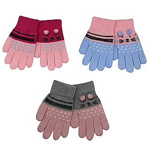 RARITYUS 3 Pairs Kids Cute Cat Warm Gloves Winter Knitted Mittens for Boys Girls Toddler 2-6 Years old