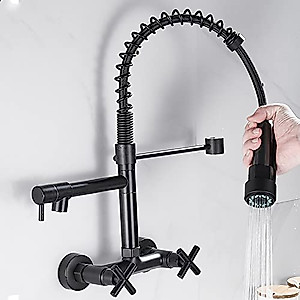 WTEZRSRGG Kitchen Fauce with Pull Down Sprayer Dual Holes Wall Mount Spring Kitchen Sink Faucet 360° Rotation Brass Double Cross Knobs Hot Cold Water Kitchen Mixer Tap,Black (Color : Black)